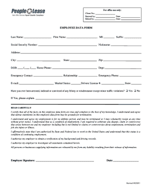 Fillable Online EMPLOYEE DATA FORM Last Name: First Name: MI ... - People Lease Fax Email Print ...