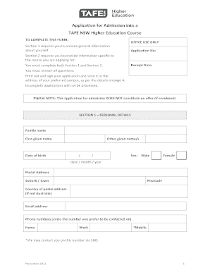 Fillable Online illawarra tafensw edu Application for Admission into a ...