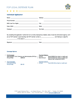 Fillable Online Individual Application - FOP Legal Defense Plan Fax ...
