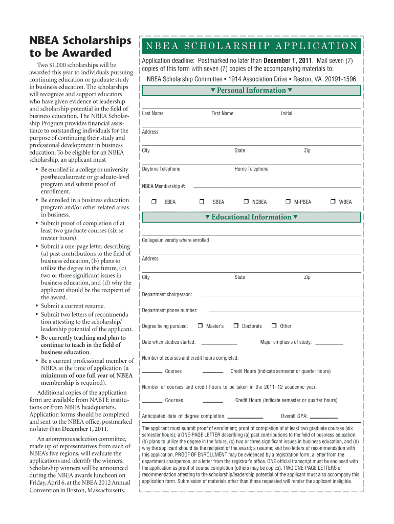 Fillable Online nbea NBEA Scholarships - nbea Fax Email Print - pdfFiller