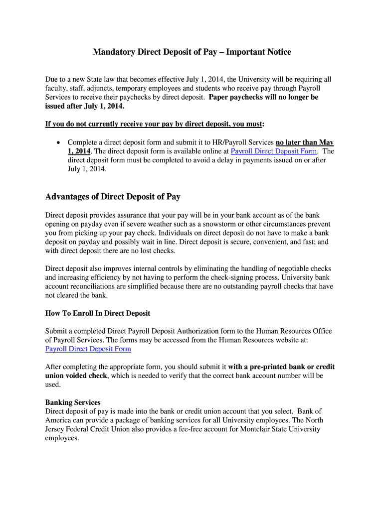 Fillable Online Mandatory Direct Deposit of Pay Important Notice Fax ...