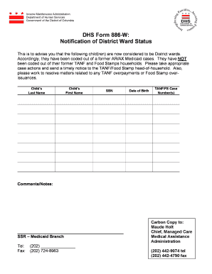 Fillable Online dhs dc DHS Form 886-W: Notification of District Ward ...