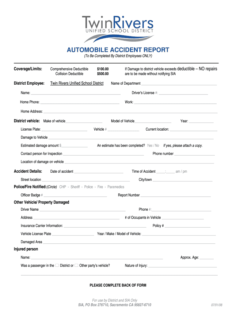 Fillable Online twinriversusd Auto Accident Report - Twin Rivers Unified School District Fax ...