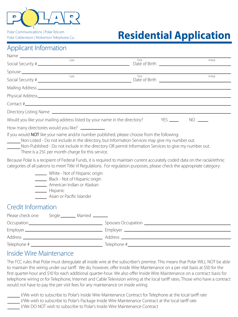 Fillable Online Residential Phone Service Application - Polar ...
