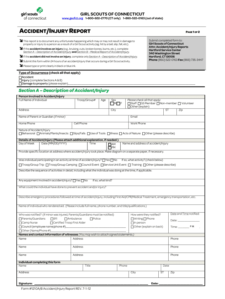 Fillable Online gsofct Accident Incident Report form - Girl Scouts of ...