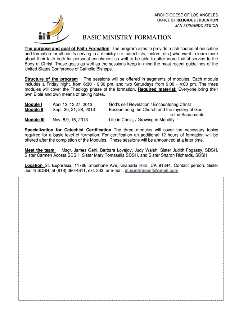 Fillable Online la-archdiocese Ba asic min nistry forma ation - the Archdiocese of Los Angeles ...