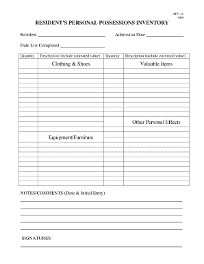 Fillable Online resident's personal possessions inventory - Otter Tail ...
