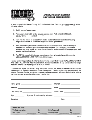 Fillable Online APPLICATION FOR DISCOUNT LOW-INCOME SENIOR CITIZEN - Mason PUD 3 Fax Email Print ...
