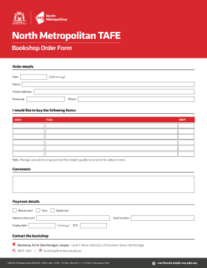 Fillable Online Bookshop Order Form - North Metropolitan TAFE Fax Email ...