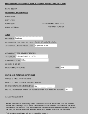 Fillable Online MASTER MATHS AND SCIENCE TUTOR APPLICATION FORM Fax ...