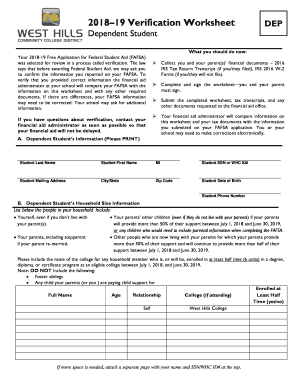 Fillable Online 201819 Verification Worksheet - West Hills College Fax ...