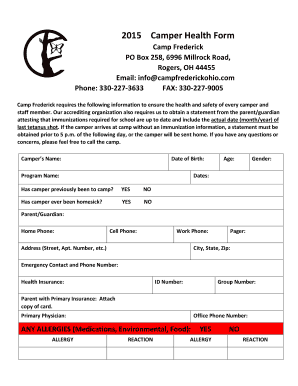 Fillable Online 2015 Camper Health Form - zionohio.org Fax Email Print ...