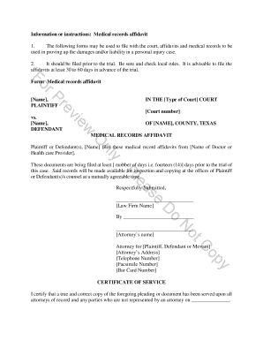 Fillable Online Information or instructions: Medical records affidavit ...