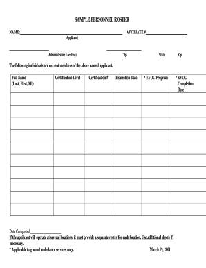 Fillable Online SAMPLE PERSONNEL ROSTER - easternemscouncil.org Fax ...