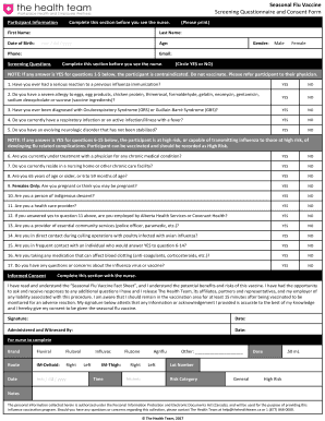 Fillable Online Seasonal Flu Vaccine Screening Questionnaire and ...