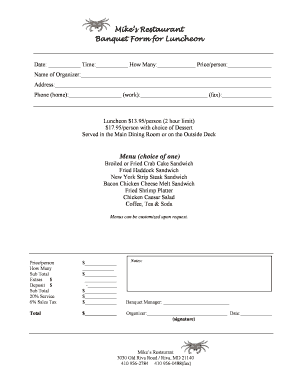 Fillable Online Banquet Form for Luncheon Fax Email Print - pdfFiller