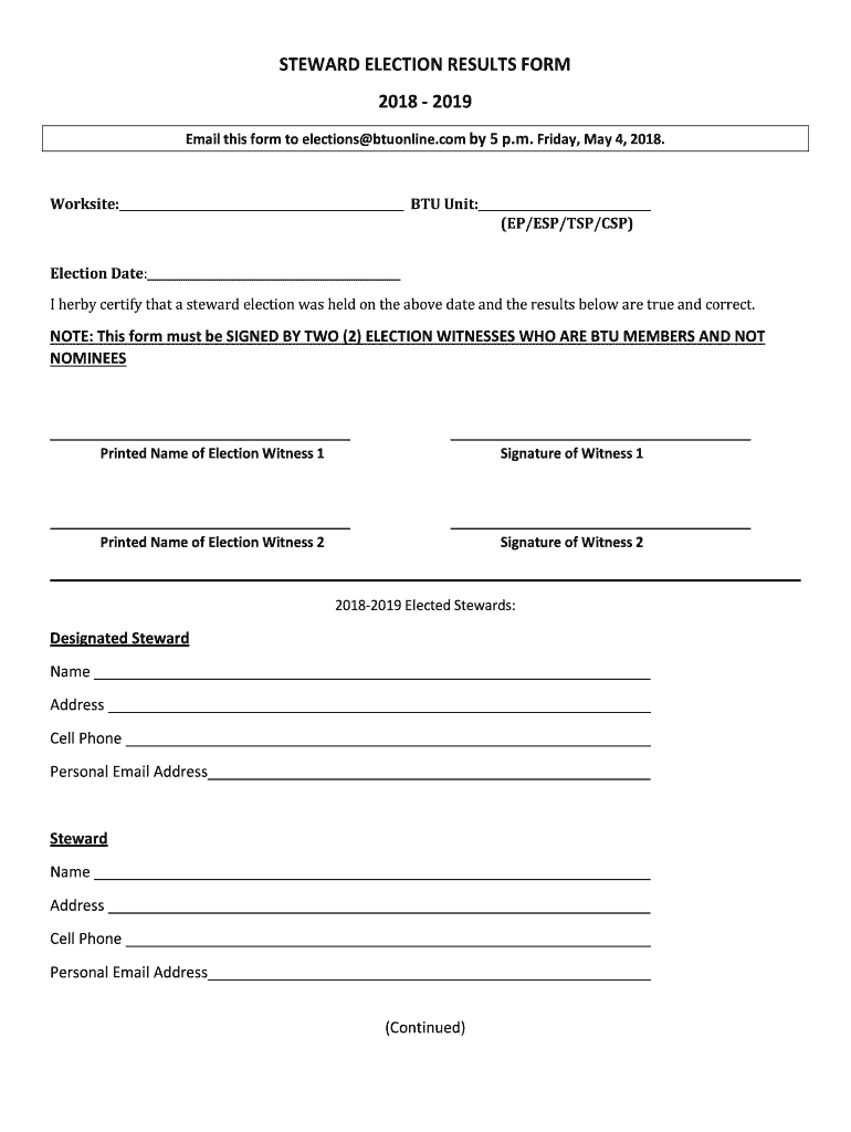 Fillable Online 2018 STEWARD ELECTION RESULTS FORM Fax Email Print ...
