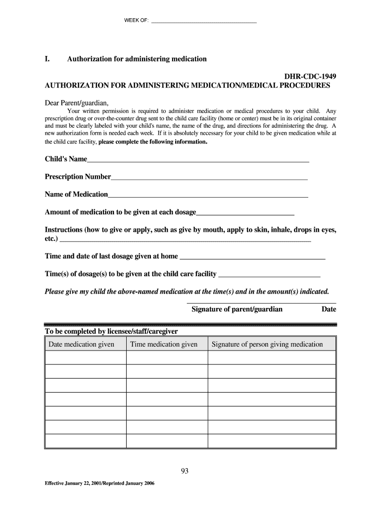 Fillable Online I. Authorization for administering medication DHR-CDC ...