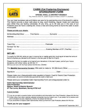 Fillable Online CABIN (Cat Fostering Enclosure) SPONSORSHIP FORM Fax ...