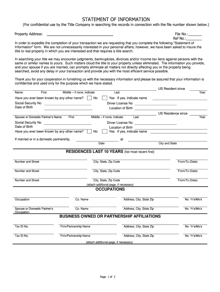 Fillable Online STATEMENT OF INFORMATION - cornerstonetitleco.com Fax ...