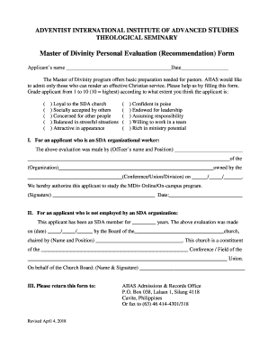 Fillable Online Master of Divinity Personal Evaluation (Recommendation) Form Fax Email Print ...
