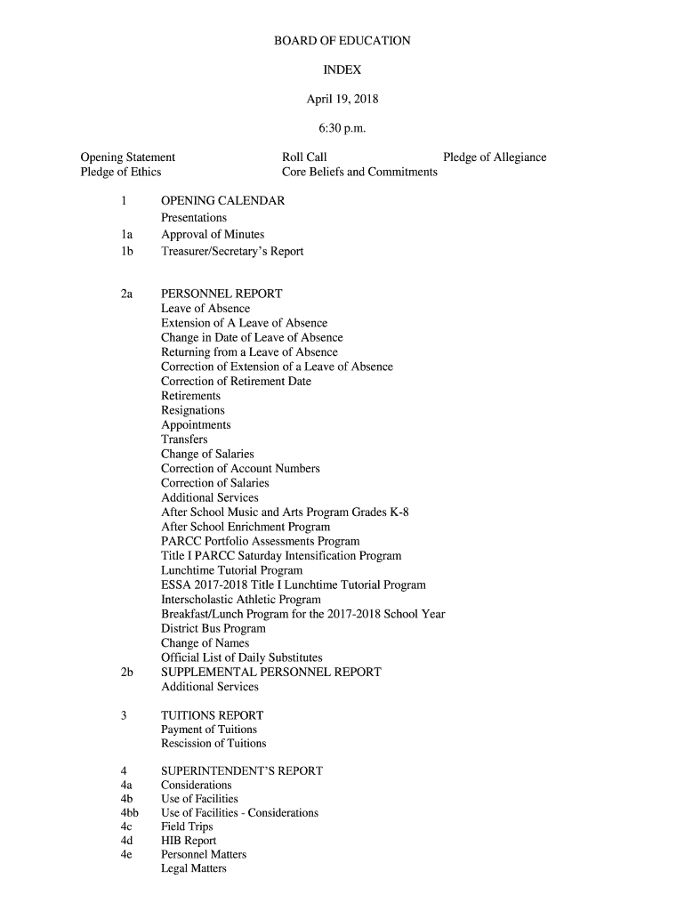 Fillable Online BOARD OF EDUCATION INDEX Pledge of Ethics Core Beliefs ...
