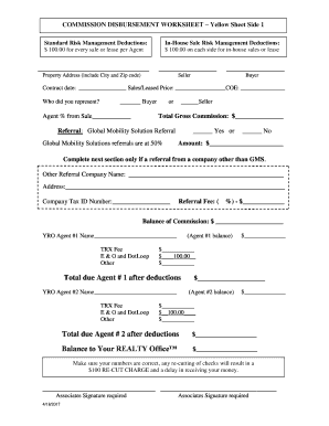Fillable Online COMMISSION DISBURSEMENT WORKSHEET Yellow Sheet Side 1 ...