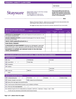 Fillable Online PERSONAL LIABILITY CLAIM FORM - Staysure Fax Email ...