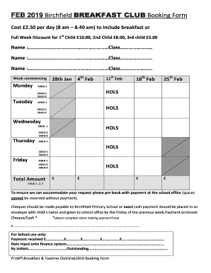 Fillable Online FEB 2019 Birchfield BREAKFAST CLUB Booking Form Fax ...