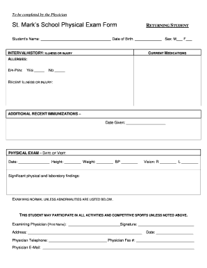 Fillable Online St. Marks School Physical Exam Form ETURNING TUDENT Fax ...
