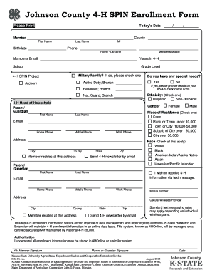 Fillable Online Johnson County 4-H SPIN Enrollment Form Fax Email Print - pdfFiller