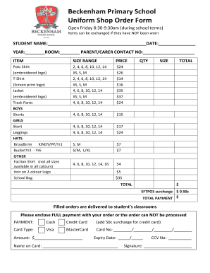 Fillable Online Beckenham Primary School Uniform Shop Order Form Fax ...