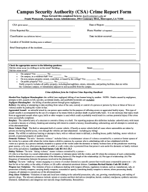 Fillable Online Campus Security Authority (CSA) Crime Report Form Fax ...