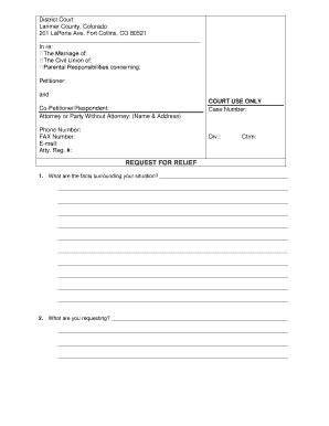 Fillable Online REQUEST FOR RELIEF - CO Courts Fax Email Print - pdfFiller
