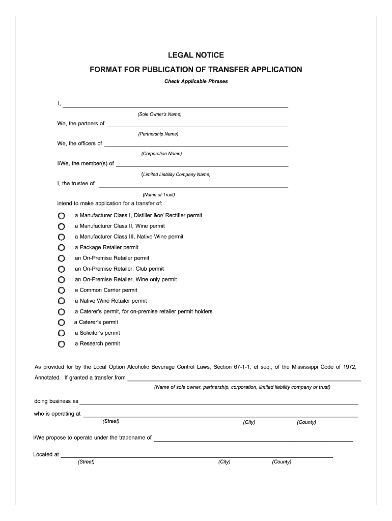Fillable Online LEGAL NOTICE FORMAT FOR PUBLICATION OF TRANSFER ...