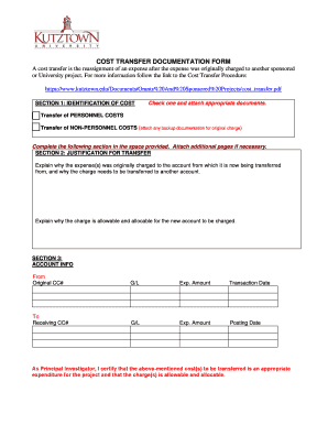Fillable Online COST TRANSFER REQUEST FORM - kutztown.edu Fax Email ...