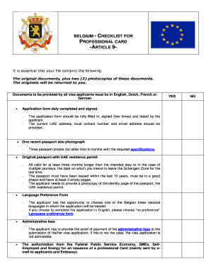 Fillable Online BELGIUM CHECKLIST FOR PROFESSIONAL CARD -ARTICLE 9- Fax ...
