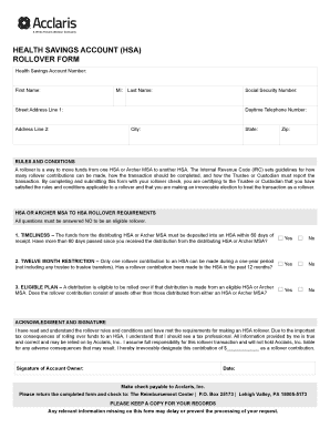 Fillable Online HEALTH SAVINGS ACCOUNT (HSA) ROLLOVER FORM Fax Email Print - pdfFiller