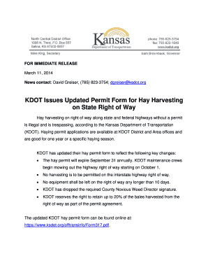 Fillable Online KDOT Issues Updated Permit Form for Hay Harvesting on ...