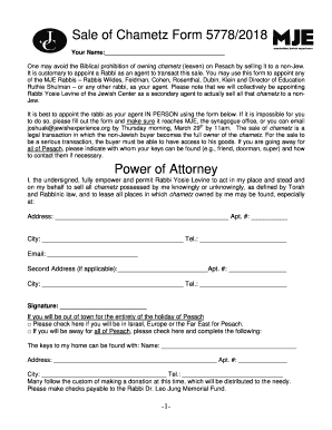 Fillable Online Sale of Chametz Form 5778/2018 Power of Attorney ...