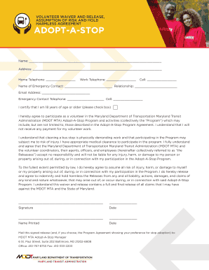 Fillable Online mta maryland VOLUNTEER WAIVER AND RELEASE, HARMLESS ...