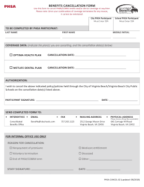 Fillable Online PHSA Benefits Cancellation Form - vbgov.com Fax Email ...