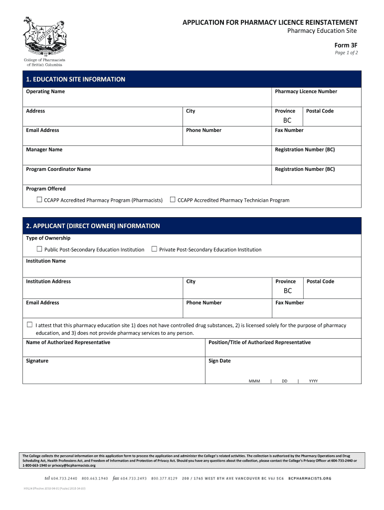 Fillable Online APPLICATION FOR PHARMACY LICENCE REINSTATEMENT Pharmacy ... Fax Email Print ...