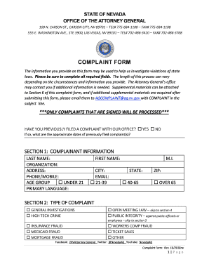Fillable Online complaint form - Nevada Attorney General's Office ...