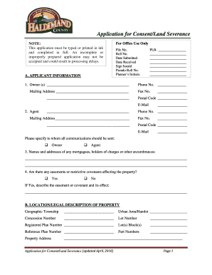 Fillable Online Application for Consent/Land Severance - Haldimand ...