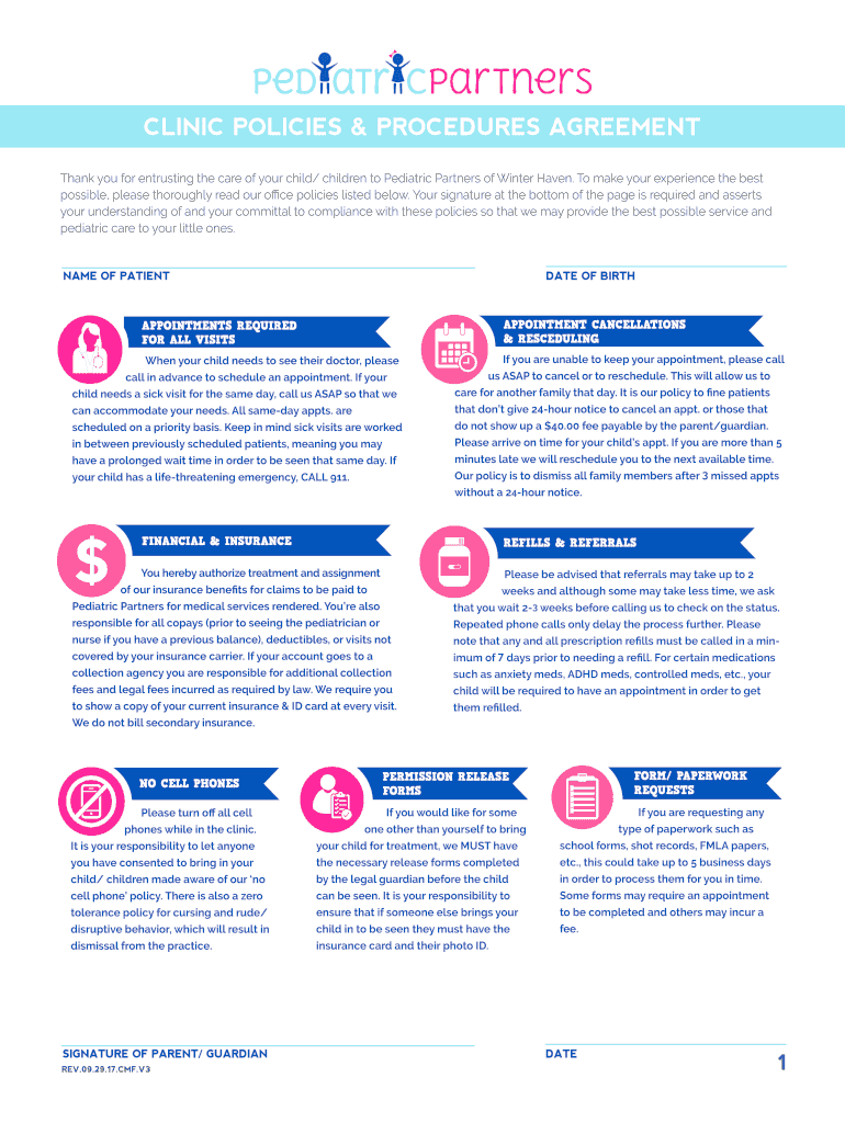 Fillable Online clinic policies & procedures agreement - Pediatric ...