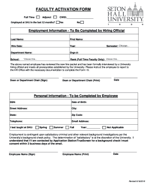 Fillable Online FACULTY ACTIVATION FORM - Seton Hall University Fax ...