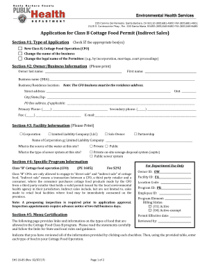 Fillable Online Application for Class B Cottage Food Permit (Indirect ...