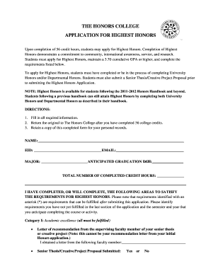 Fillable Online THE HONORS COLLEGE APPLICATION FOR HIGHEST HONORS Fax ...