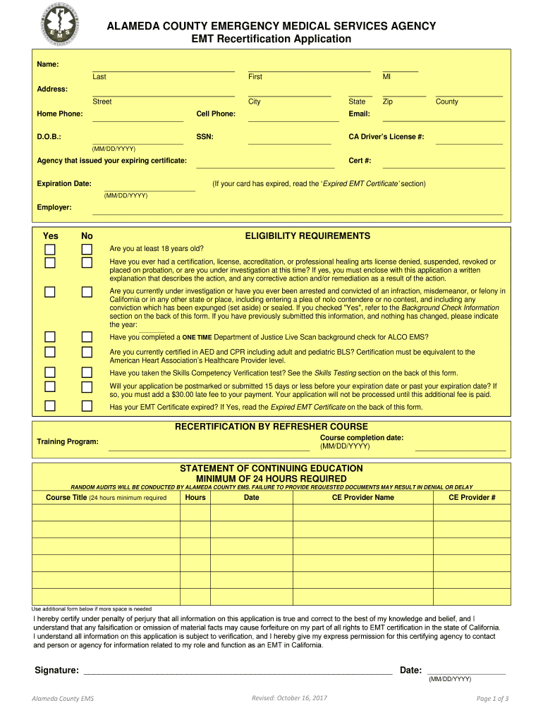 Alameda County EMT Recertification Application - Blank Fillable ...